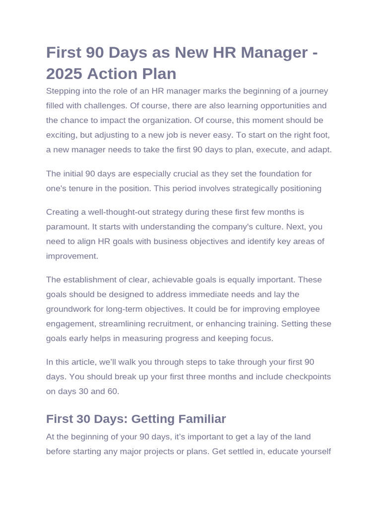 90-Day HR Manager Action Plan | PDF | Employee Retention | Goal