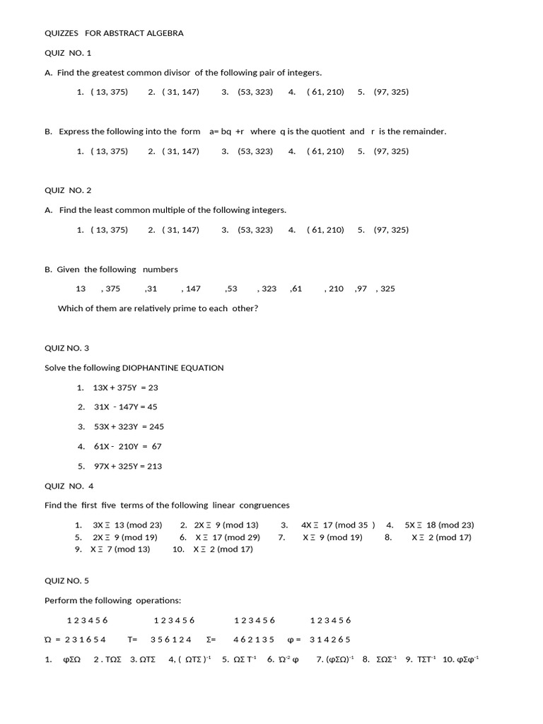 Quizzes For Abstract Algebra | PDF | Equations | Algebra