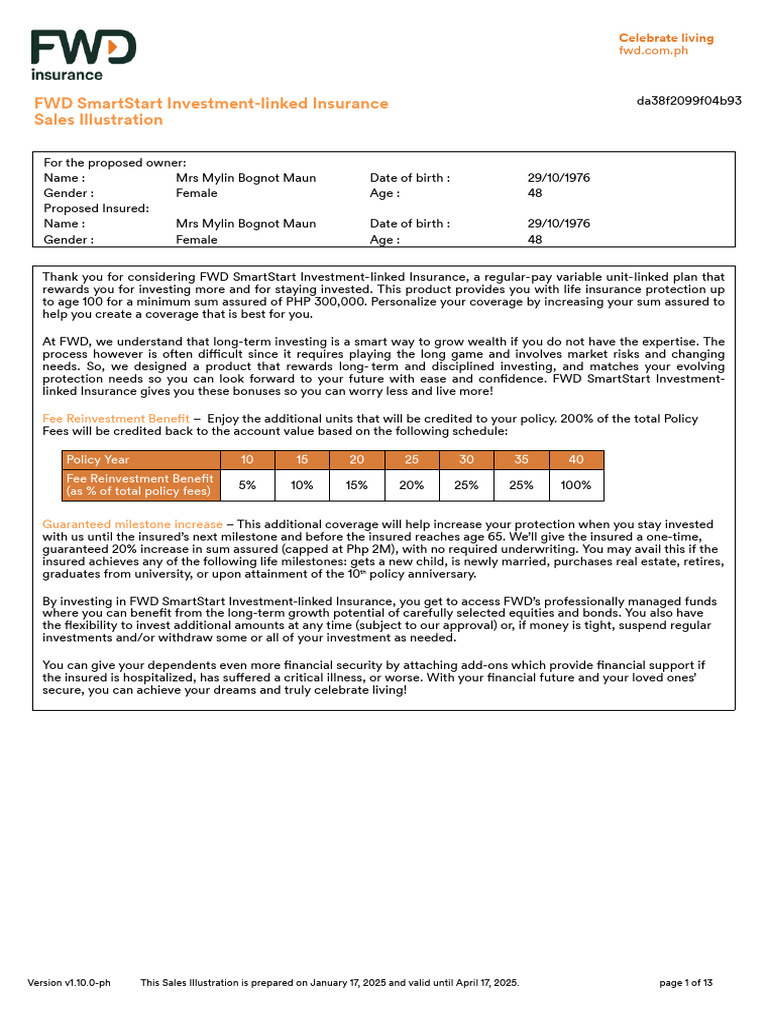 FWD SmartStart Investment-Linked Insurance SI 01-17-2025-11-40-37 | PDF | Insurance | Investment ...