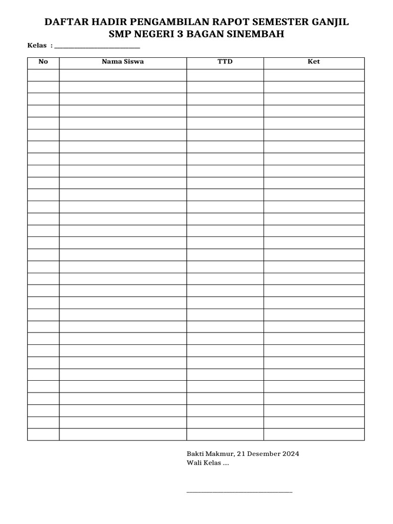 Daftar Hadir Pengambilan Rapot Semester Ganjil | PDF