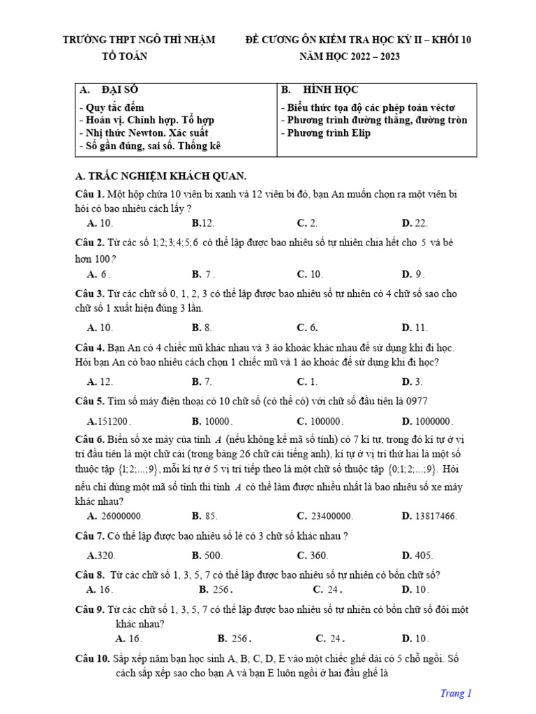 Đề cương HS HK2 K10 năm 2022-2023 | PDF