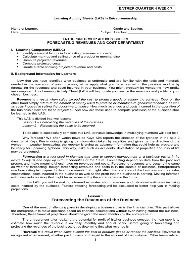 LAS-quarter-4-week-7 (1) | PDF | Cost Of Goods Sold | Forecasting