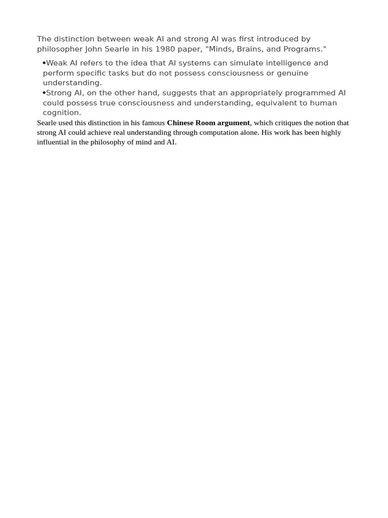 Weak vs Strong AI: Searle's Distinction | PDF