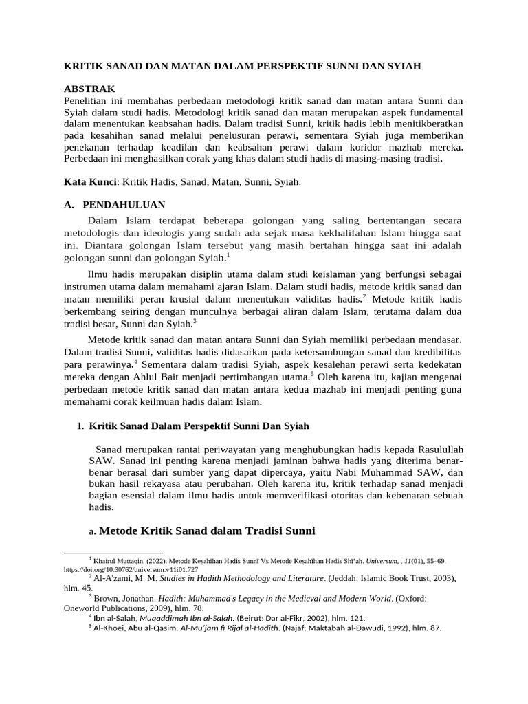 KRITIK SANAD DAN MATAN DALAM PERSPEKTIF SUNNI DAN SYIAH | PDF