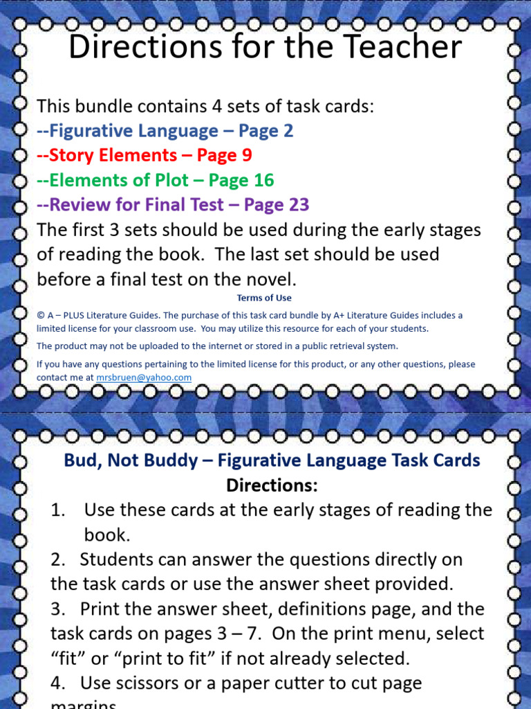 5 - Bud, Not Buddy Task Cards (56) Skill Building and Test Review | PDF ...