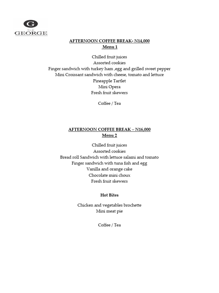 Afternoon Coffee Break Menu | PDF