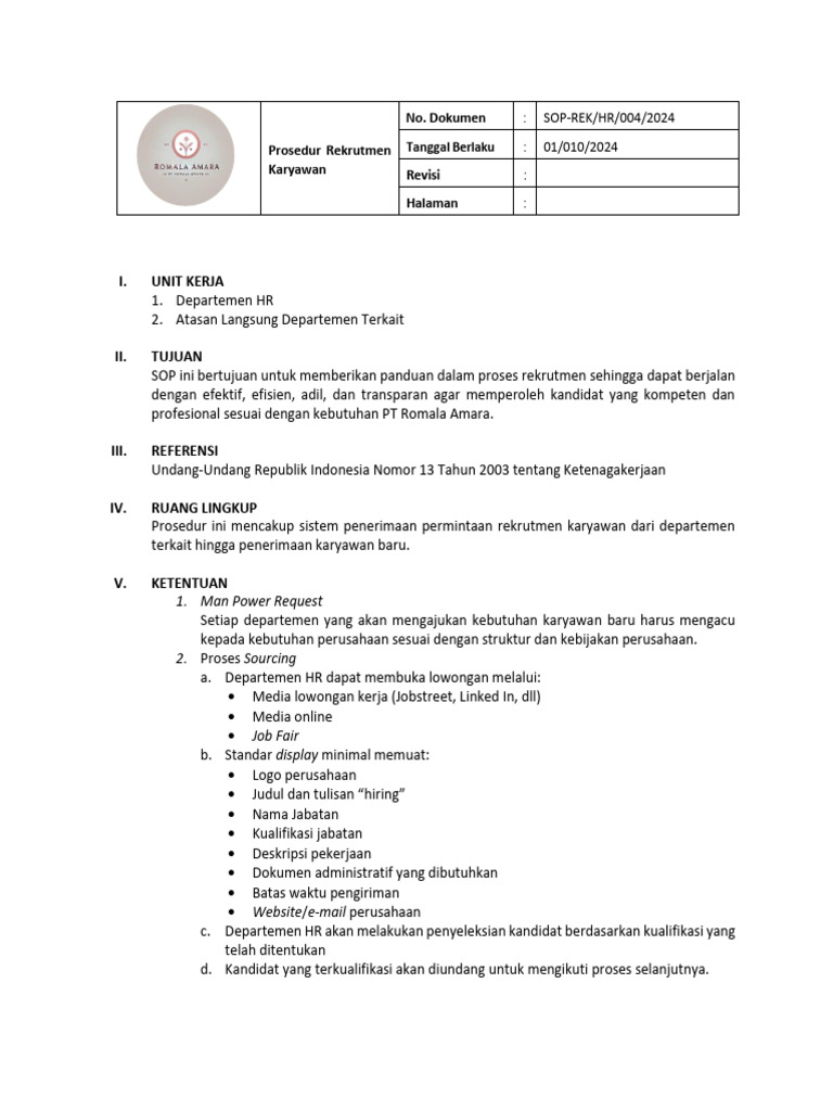 Sop Rekrutmen Karyawan | PDF