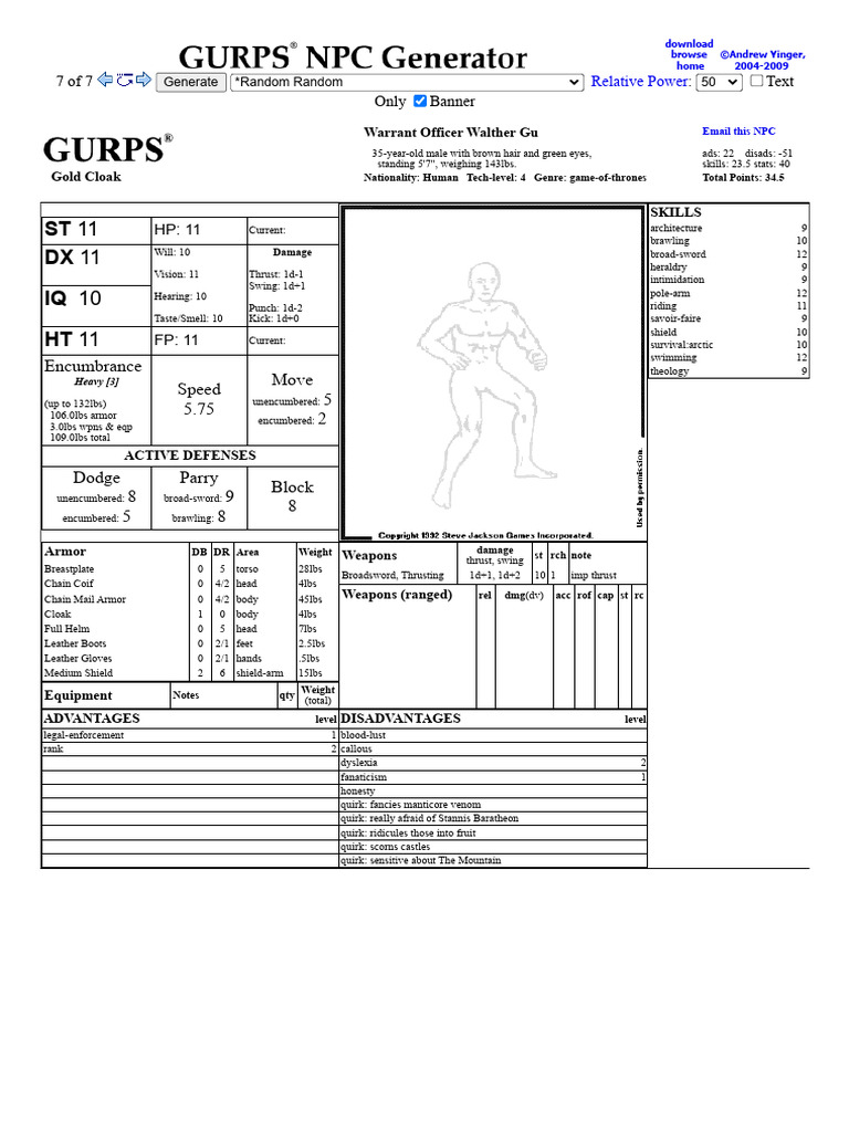 NPC Profile: Warrant Officer Walther Gu | PDF | Armour