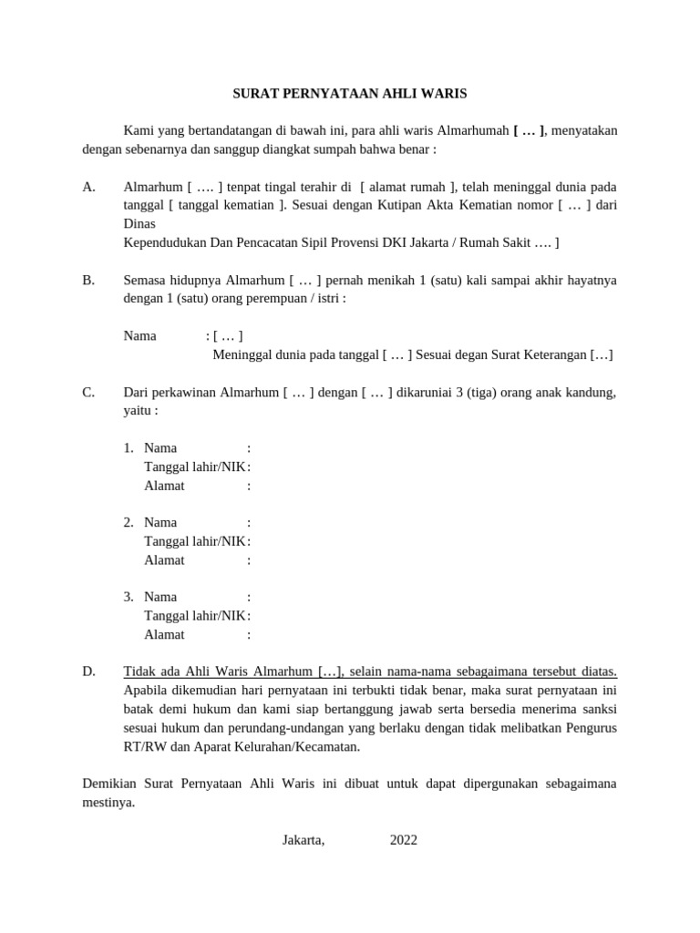 Draft SURAT PERNYATAAN AHLI WARIS | PDF