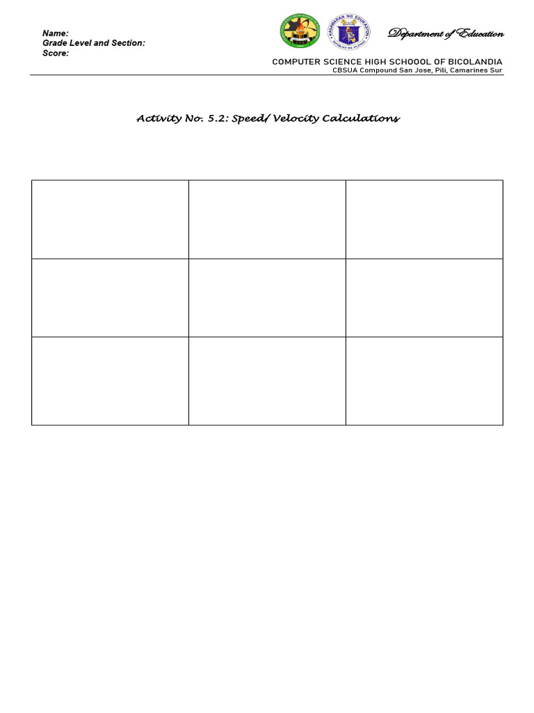 Speed and Velocity Calculations Worksheet | PDF