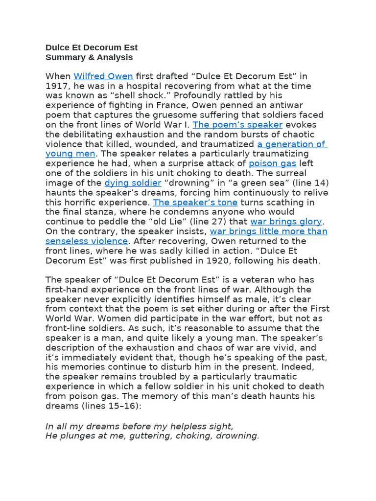 Dulce Et Decorum Est Complete Analysis | PDF | Poetry