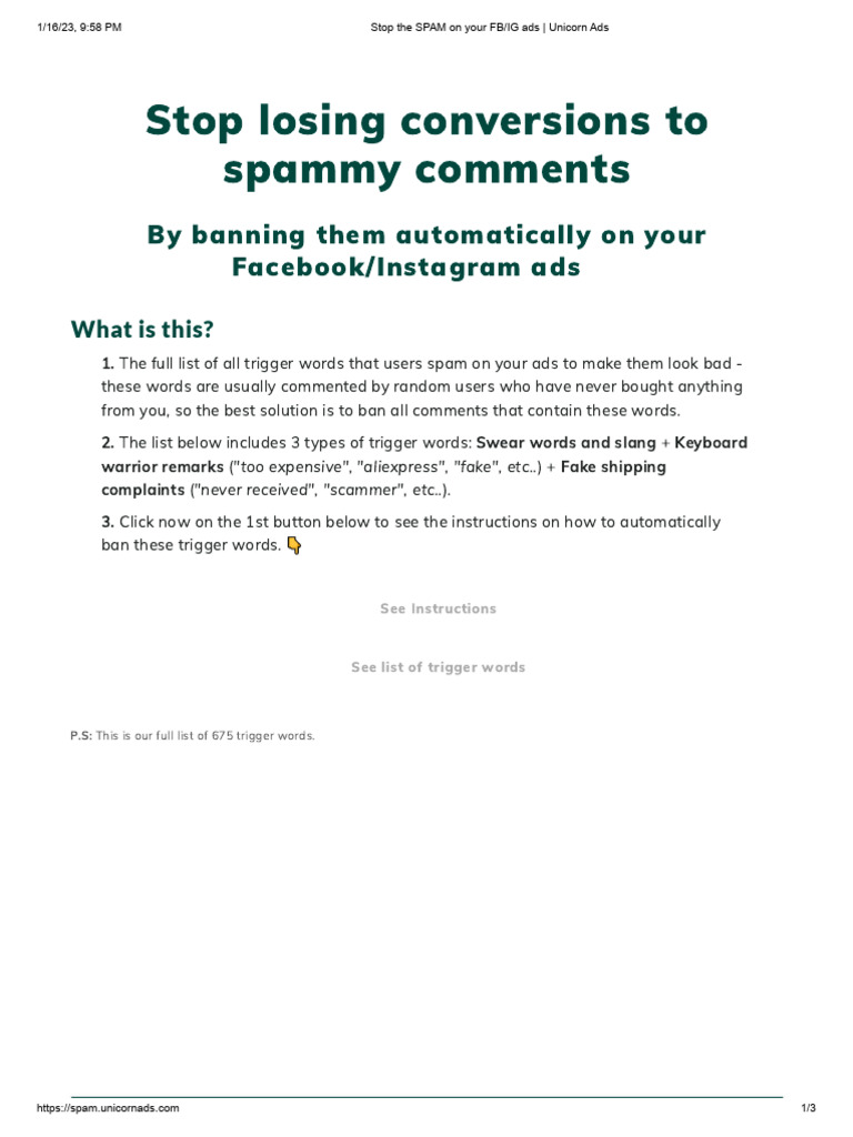 Stop the SPAM on your FB_IG ads _ Unicorn Ads | PDF | Spamming | Facebook