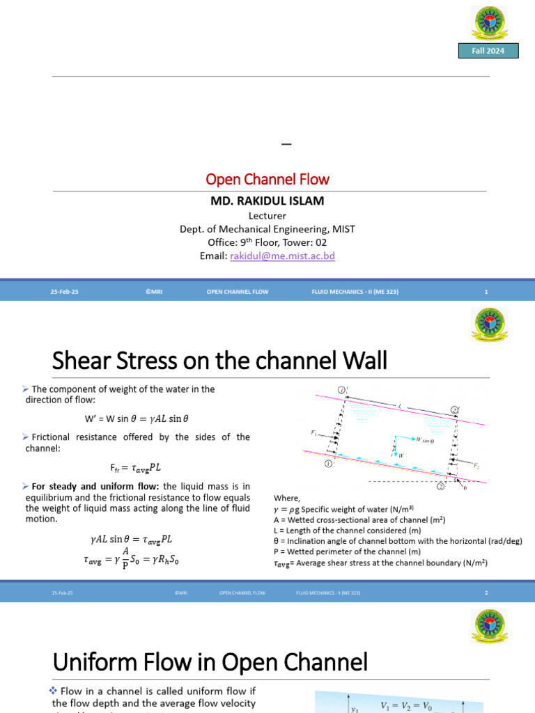 Lec 08 Uniform FLow Open Channel by Rakid Sir | PDF | Shear Stress | Stress (Mechanics)
