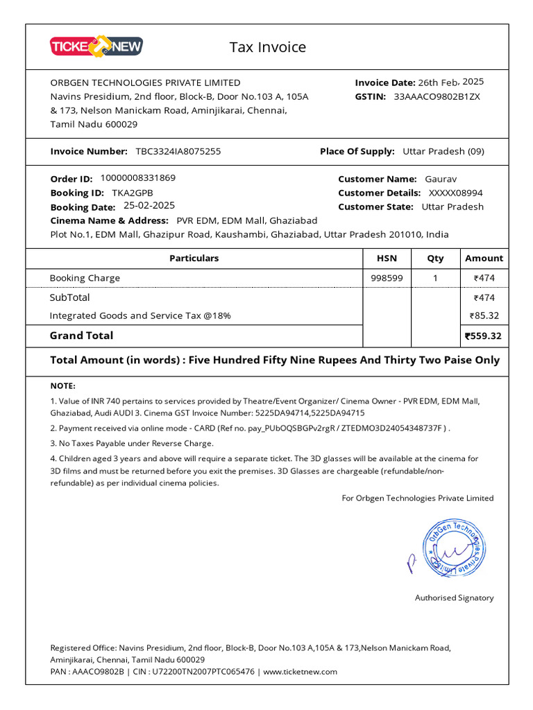 Charges Invoice - Order 10000008330397 - Ticketnew (2) | PDF | Taxation ...