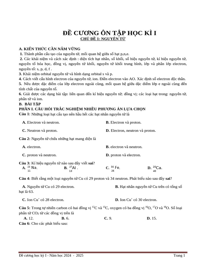 đề cương hoa 10 2024 2025 | PDF