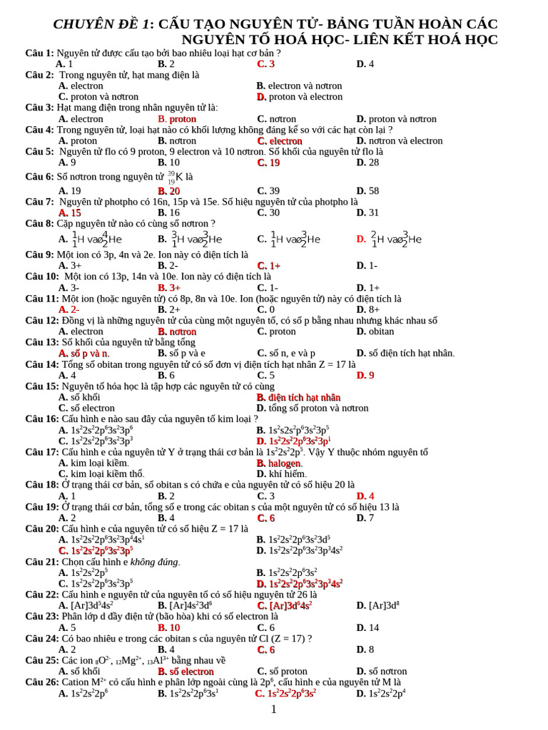ôn thi CẤU TẠO NGUYÊN TỬ HTTH 10A9 | PDF