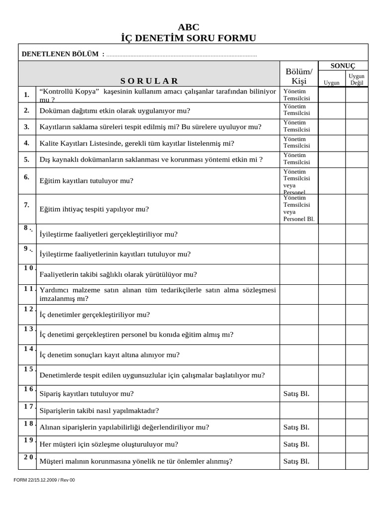 Form 22 İç Deneti̇m Soru Formu | PDF
