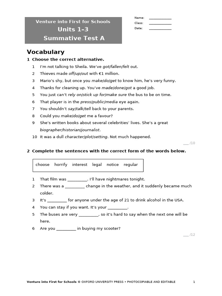 First for Schools Units 1-3 Test A | PDF