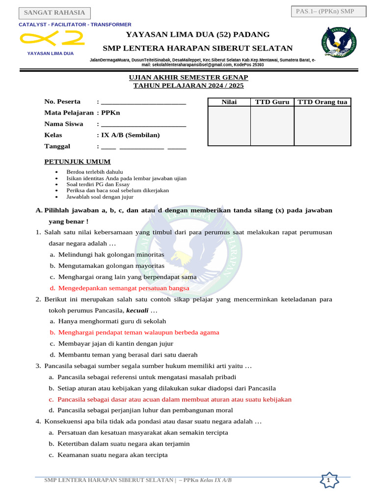 Soal Uas II Ppkn Kls Ix 2025 | PDF