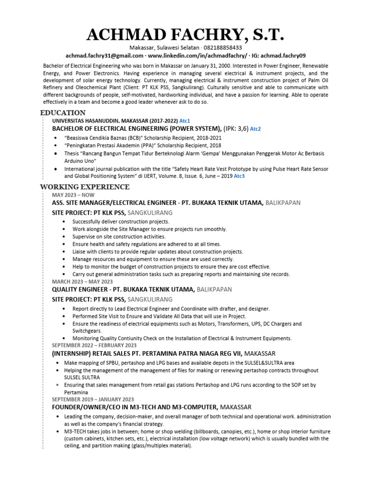 CV Achmad Fachry | PDF | Electrical Engineering | Electricity