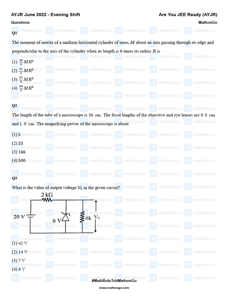 MathOnGo AYJR 2022 Question Paper (Evening Shift) | PDF | Electron ...