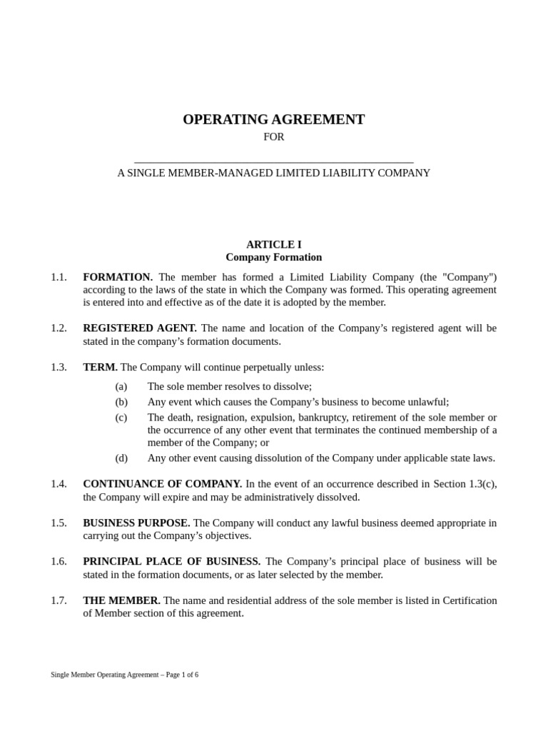 Free Basic Operating Agreement - LLC Single Member - Smartify LLC | PDF ...