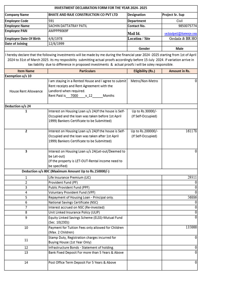 Investment Declaration FY 2024-25 | PDF | Taxes | Government Finances