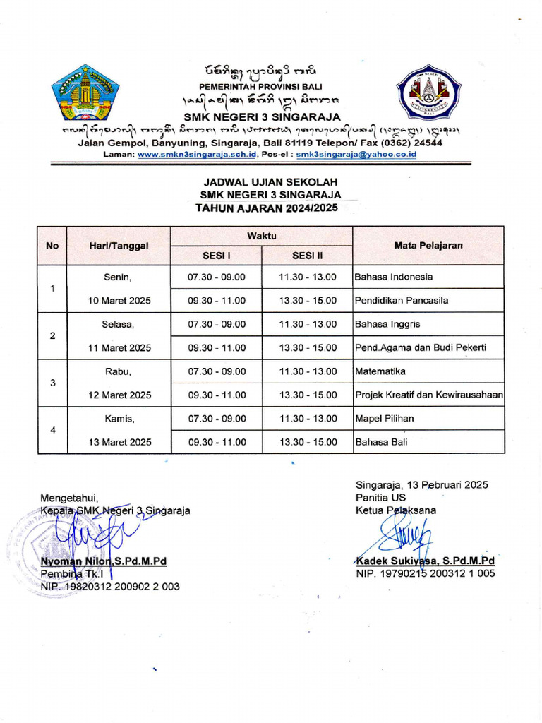 Jadwal Ujian Sekolah 2025 | PDF