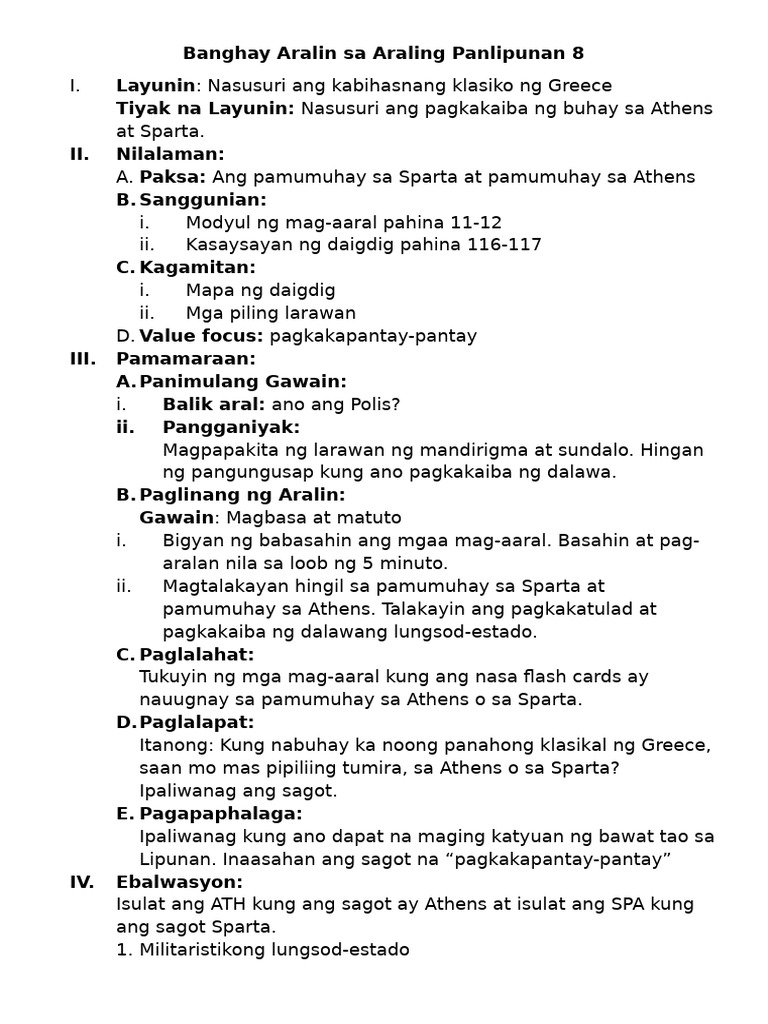 Banghay Aralin Sa Araling Panlipunan 8 | PDF