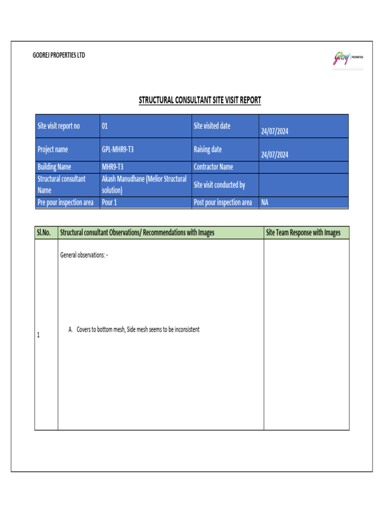 R9-T3-Pour 1 Site Visits Report - 20240725 | PDF
