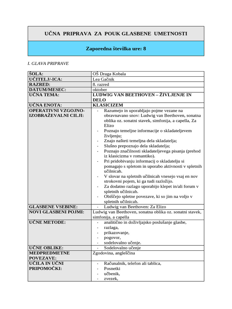 Učna Priprava - Ludwig Van Beethoven (Življenje, Dela) | PDF