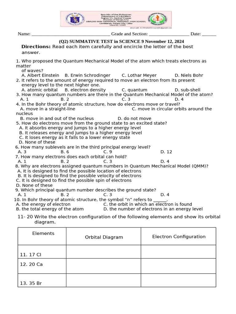 Science 9 Quantum Mechanics Test | PDF | Energy Level | Atomic Orbital