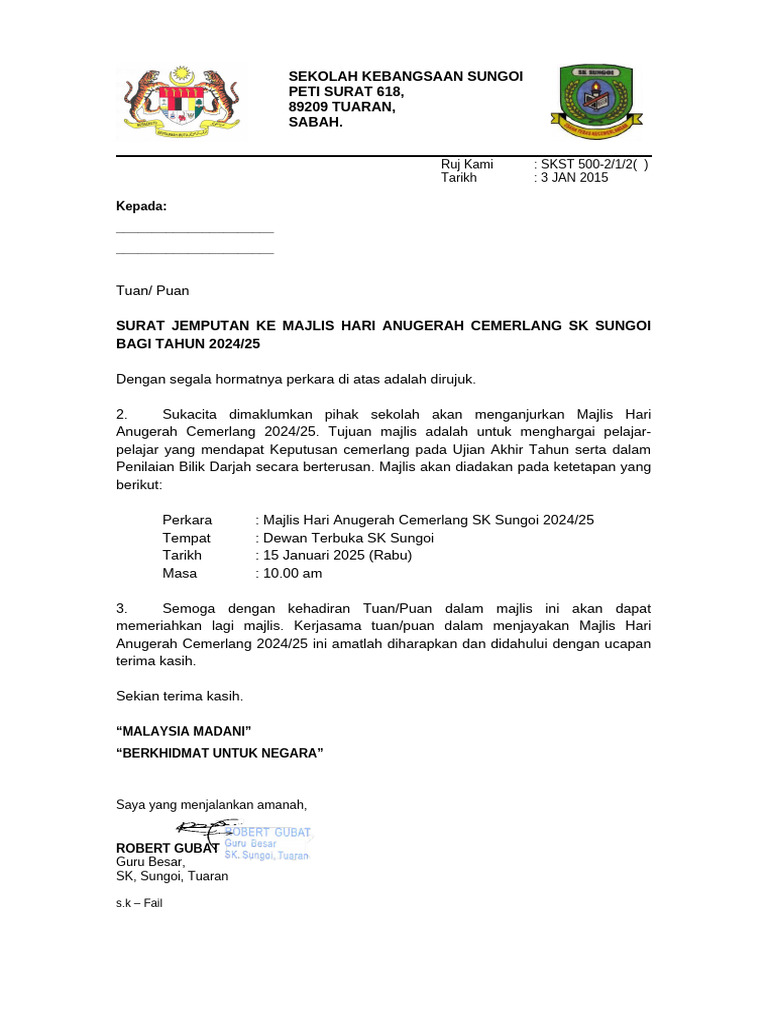 Surat Jemputan Majlis Hari Anugerah SK Sungoi 2024-25 (Boleh Edit) | PDF
