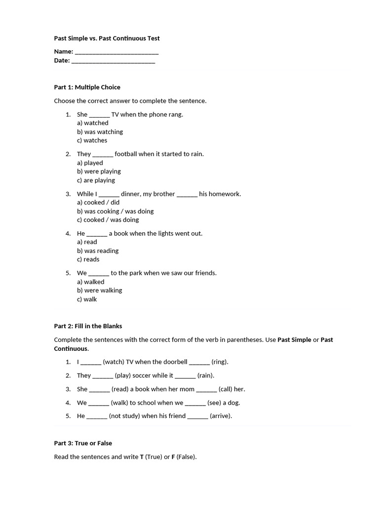 Past Simple vs. Continuous Tense Test | PDF