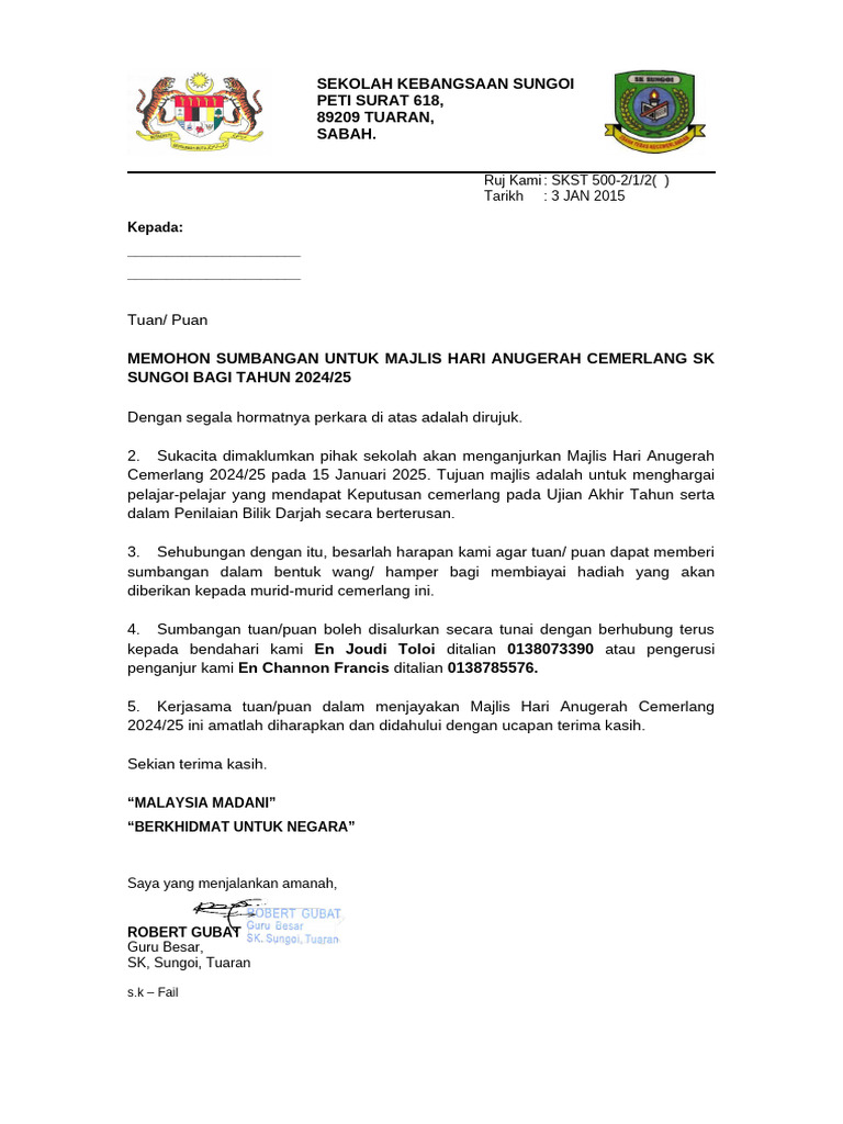 Surat Memohon Sumbangan Untuk Hac SK Sungoi 2024-25 | PDF