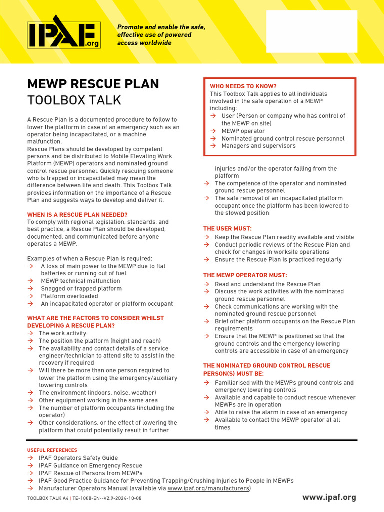 EN - IPAF Toolbox Talk A4 - MEWP Rescue Plan | PDF | Occupational ...