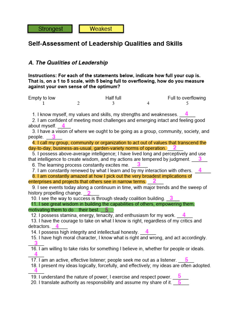 Leadership Qualities Self-Assessment Guide | PDF | Leadership | Information