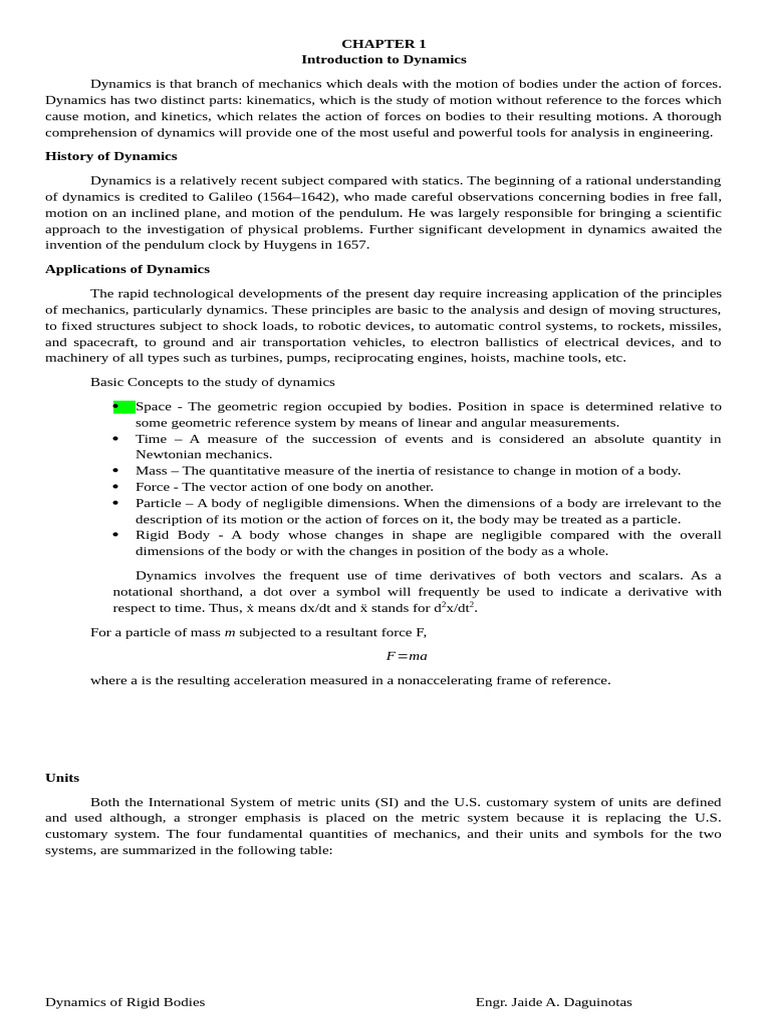 Chapter 1 Introduction To Dynamics Pdf Classical Mechanics Force