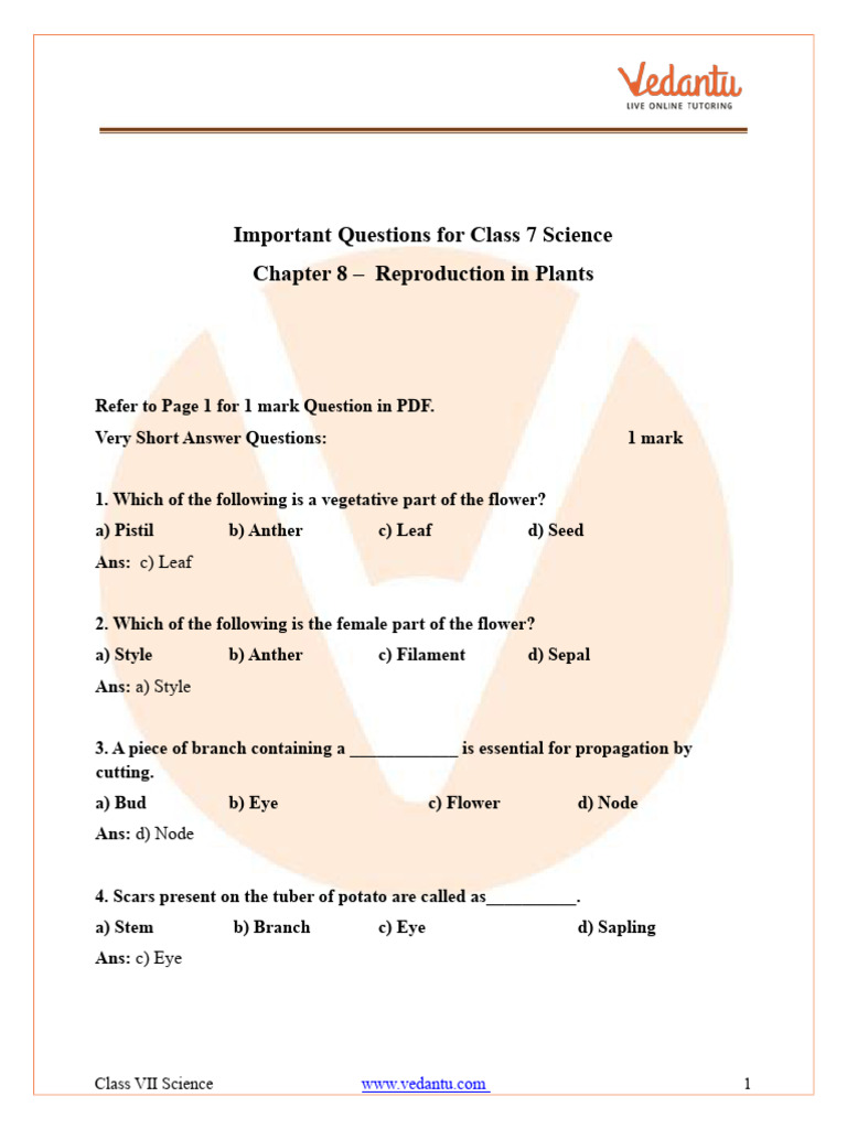 Important Questions For CBSE Class 7 Science Chapter 8 - Reproduction in Plants | PDF ...