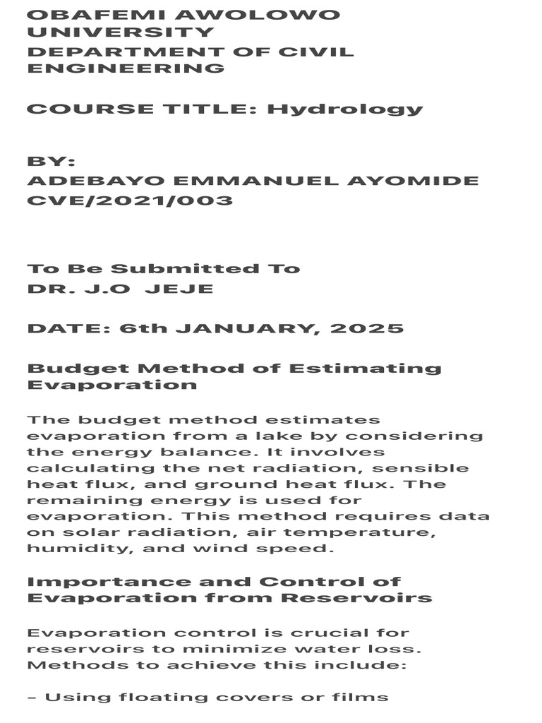 Obafemi Awolowo University | PDF | Aquifer | Evapotranspiration