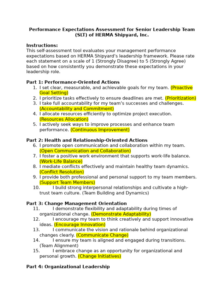 (2nd Form) Performance Expectations Assessment For Senior Leadership ...