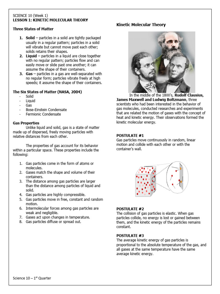 L1 Kinetic Molecular Theory Postulates Notes Science10 | PDF | Gases ...