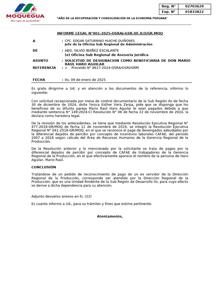 001 - Informe Legal 001-2025 - Designacion Como Beneficiaria de Mario ...