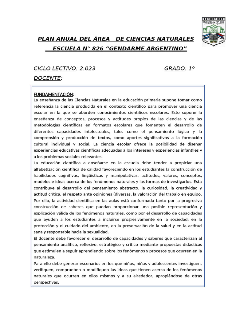 1° PLAN ANUAL DE CIENCIAS NATURALES 2023 | PDF | Enseñando | Maestros