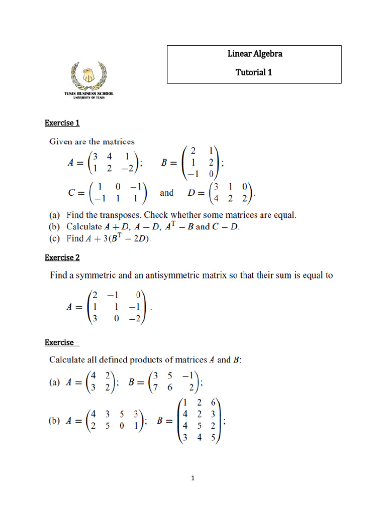 Exercise 1: Linear Algebra Tutorial 1 | PDF