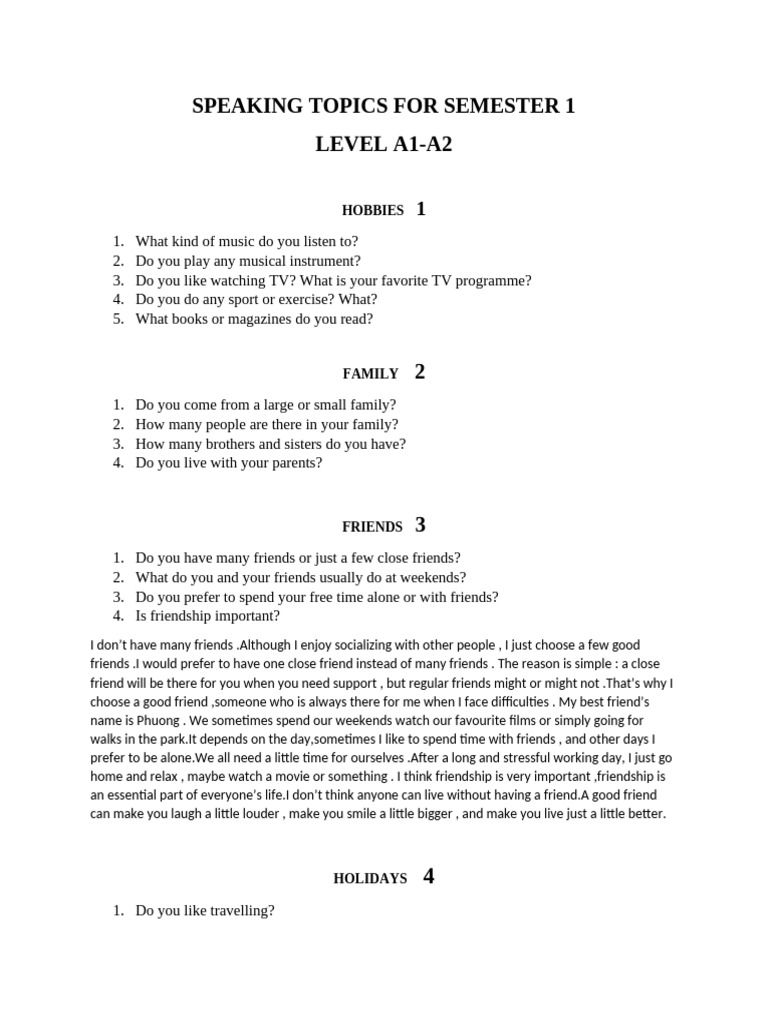 A1-A2 Speaking Topics For Semester 1 | PDF