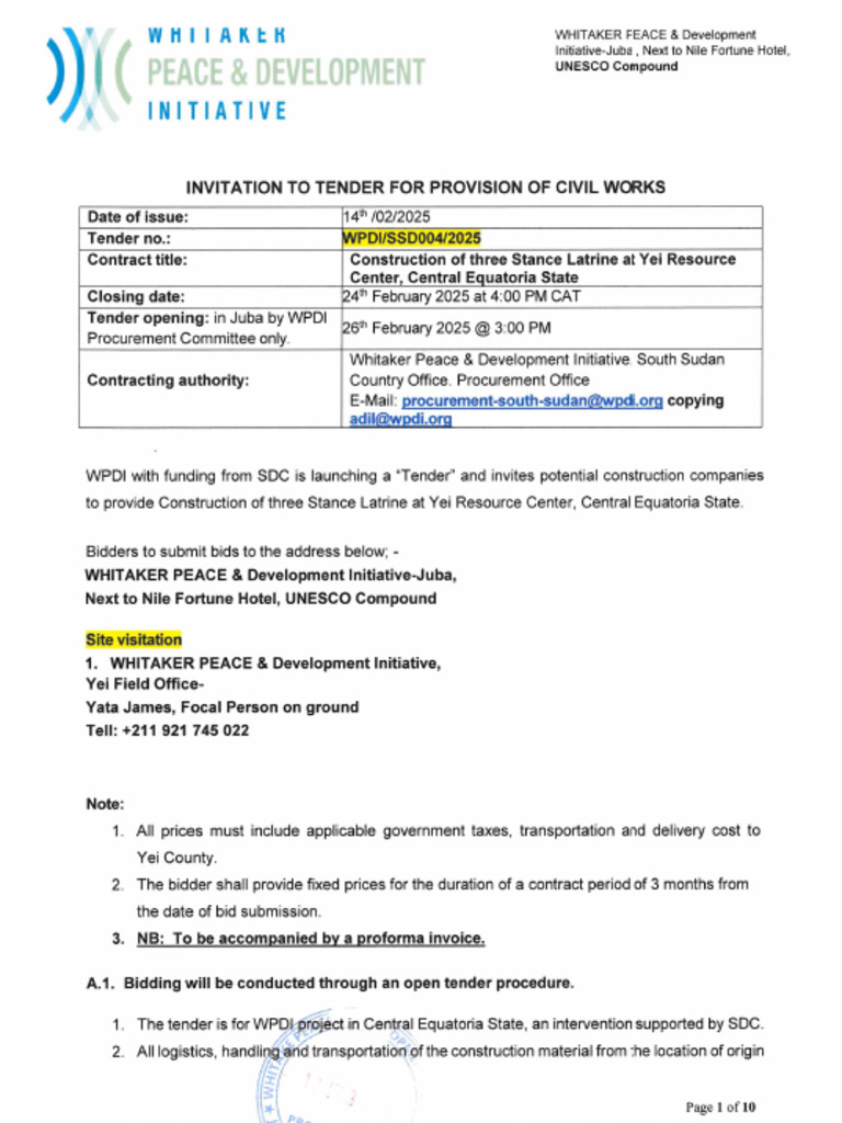 Invitation For Tender For Three Stance Latrine Yei | PDF