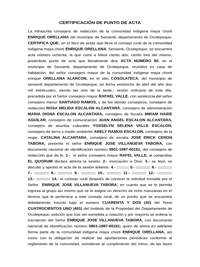 Certificación Acta 80 Comunidad Maya Chorti | PDF | Gobierno
