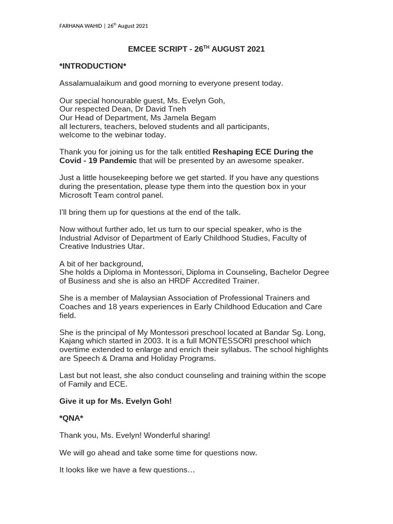 EMCEE SCRIPT 26th August DECS Webinar | PDF