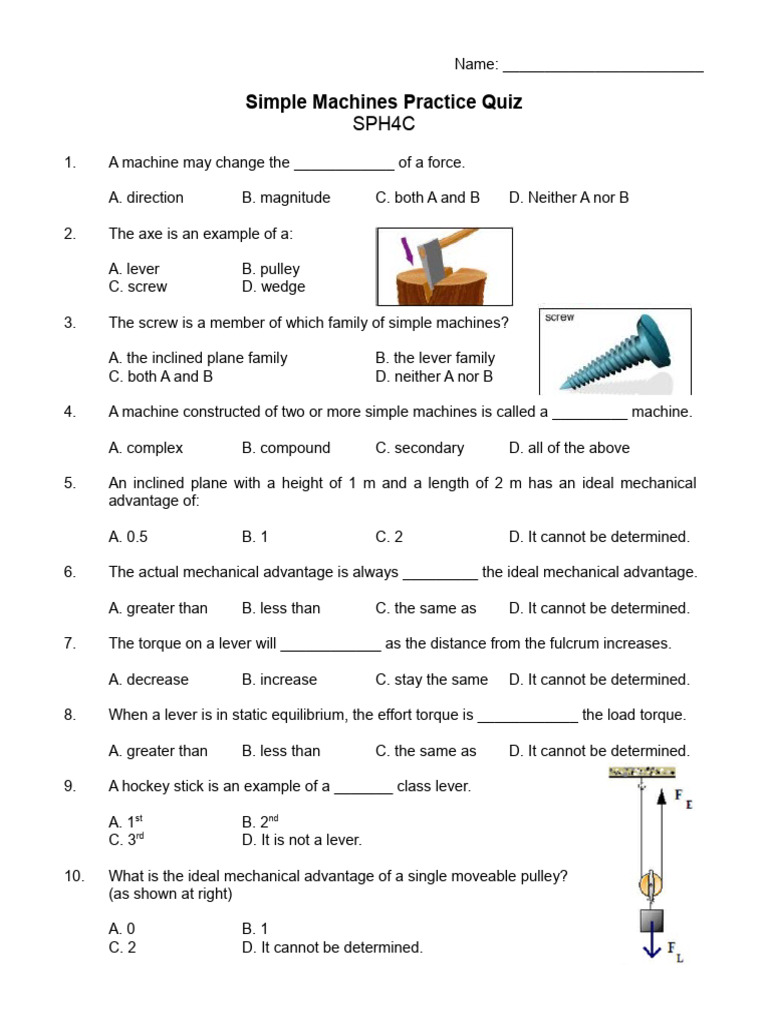Sph4c Simple Machines Practice Quiz | PDF